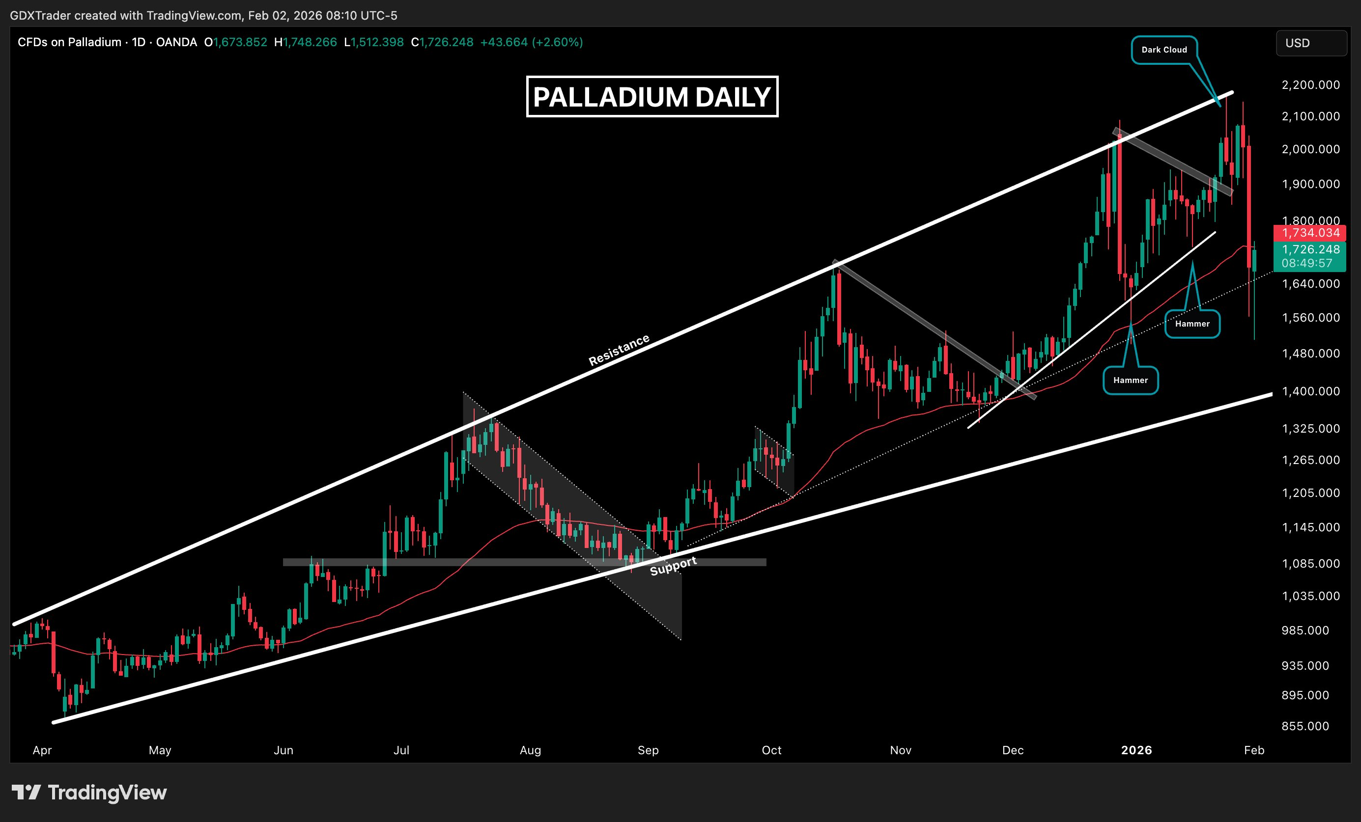 Price of Palladium Bounces Hard at 50 EMA—Hammer Signal After Sharp Drop