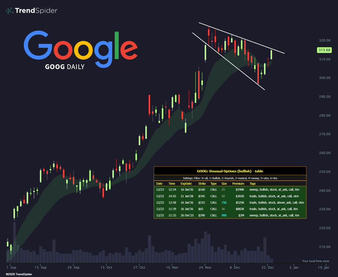 GOOG Stock Shows Strength as $315 Chart Level and Options Flow Point Higher